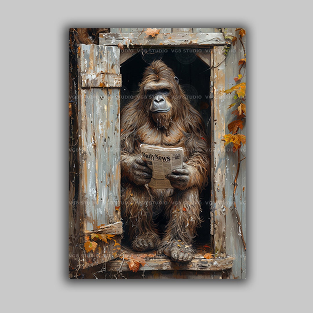 Bigfoot Reading Newspaper Print, Sasquatch Whimsical Fine Art Giclee ...