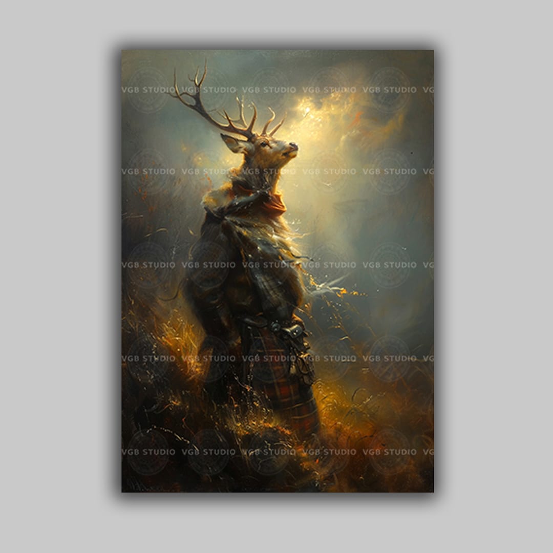 Highland Stag Art Print, Regal Woodland Warrior Tartan Mystical Artwork ...