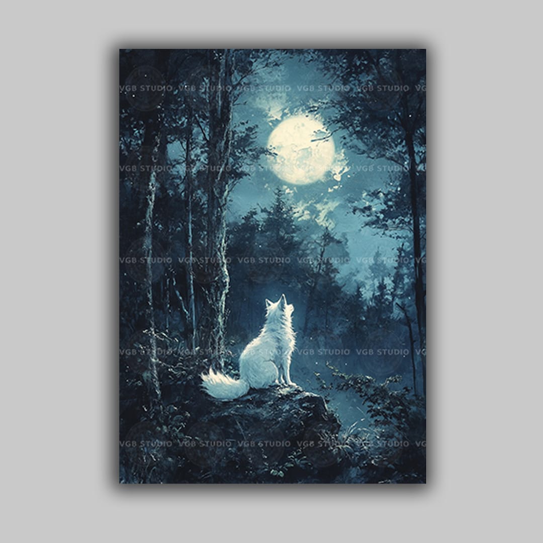 White Wolf Ghost Full Moon Dark Forest Print, Fox Ghostly Mythical ...