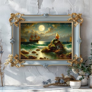 Beautiful Mermaid Contemplating Moon and Sea, Siren Whimsical Baroque ...