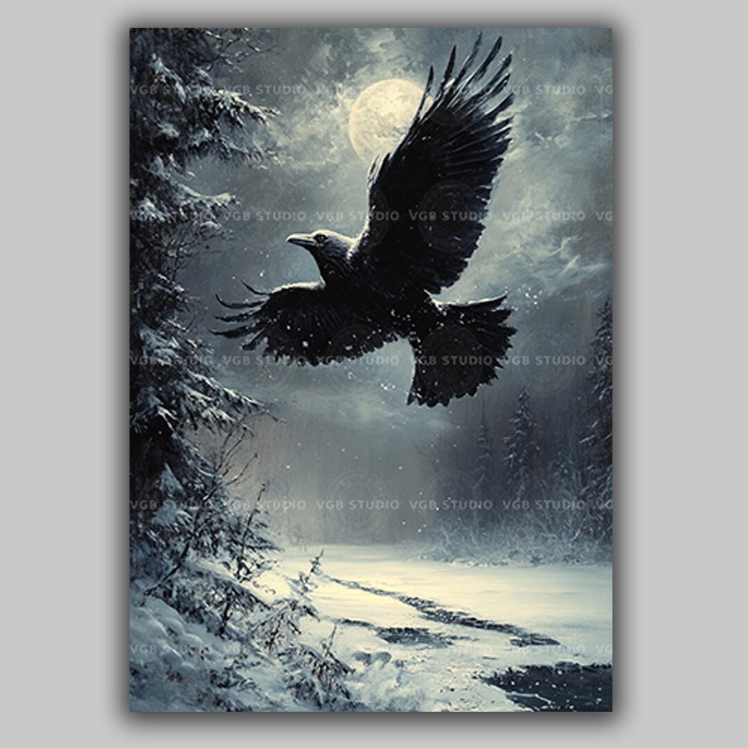 Moonlit Raven Winter Art Print, Nevermore Enigmatic Nocturnal Forest ...