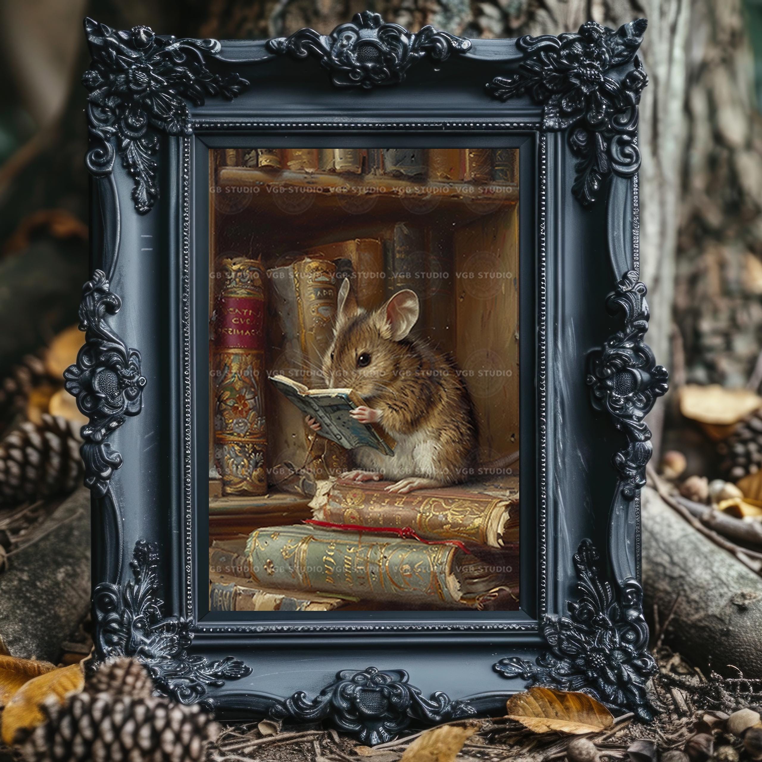 Mouse Reading Book Antique Old Library Print, Bookish Animal Whimsical ...