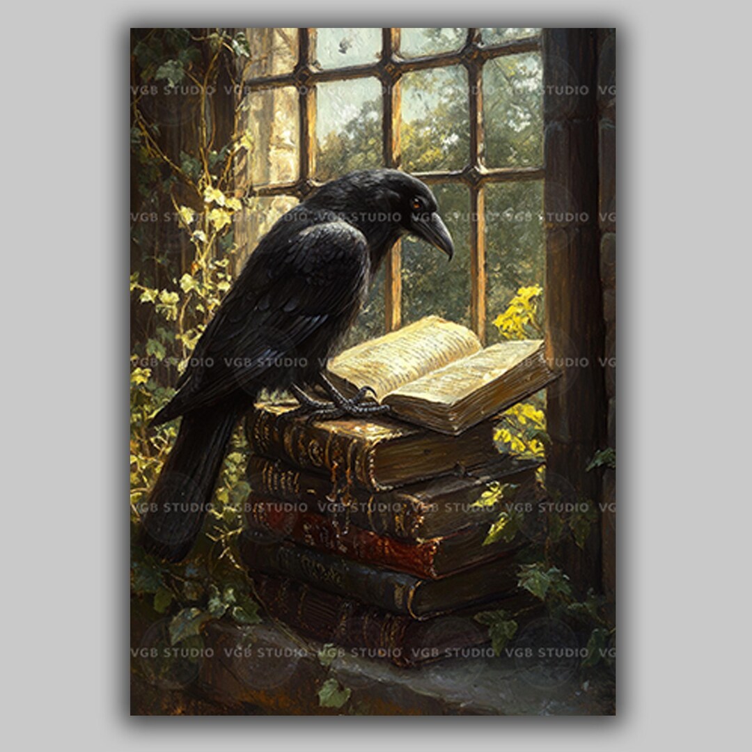 Gothic Raven Reading Book Art Print, Crow With Antique Book ...