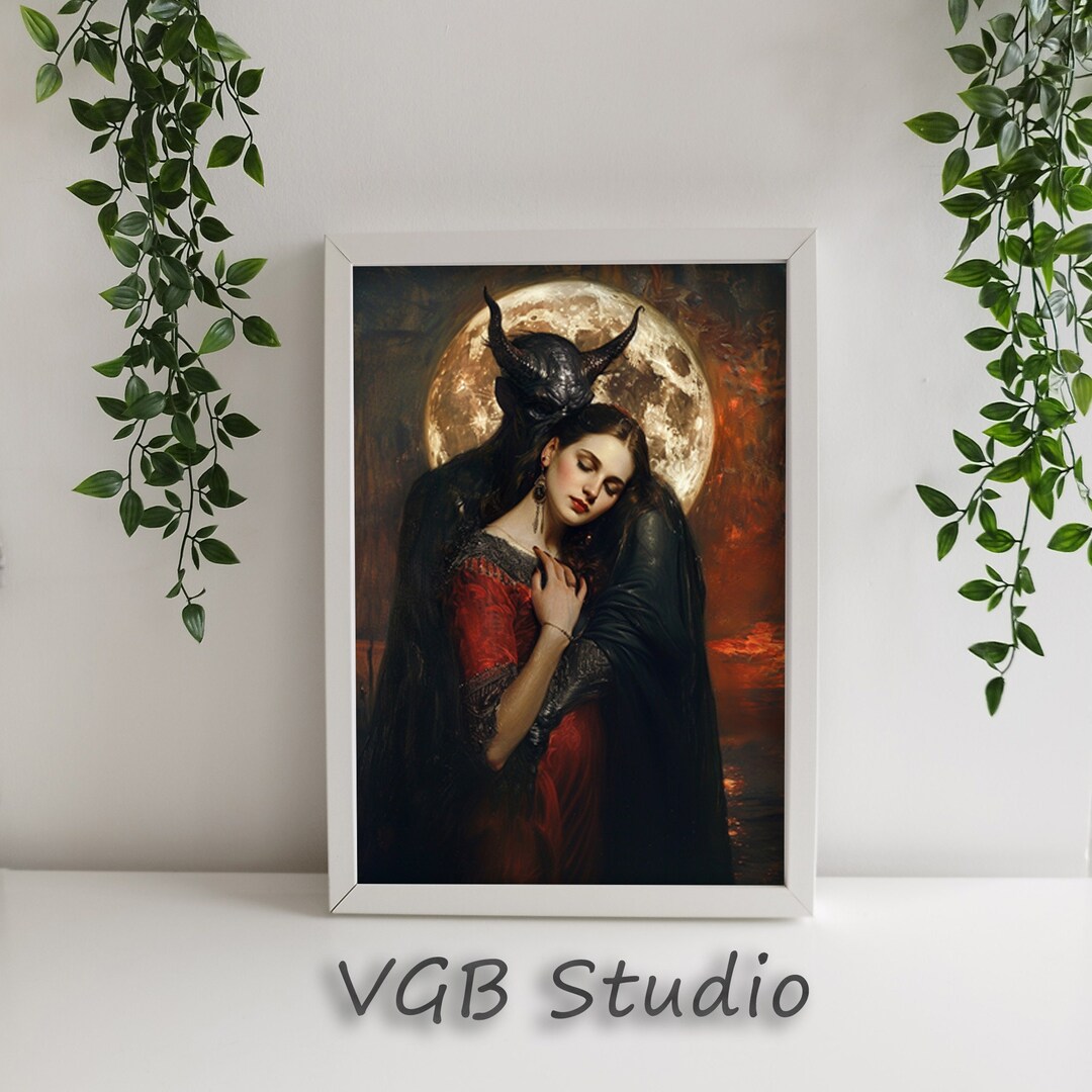 Gothic Love Story Woman Embracing Devil Print, Demon Red Sea Shore ...