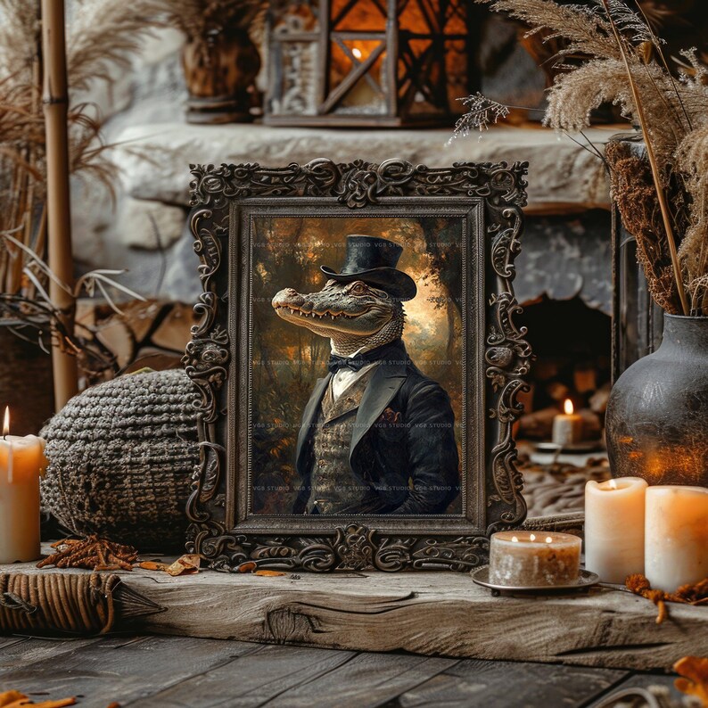 Alligator Art Print Victorian Animal Portrait Dapper Reptile Wall Decor ...