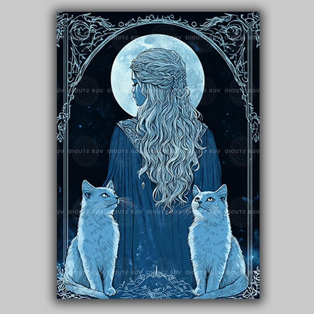 Freya Norse Goddess Art Nouveau Print Pagan Witch Wall Decor Moon Cats ...