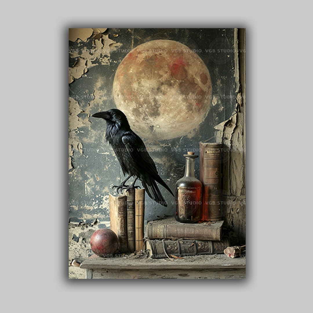 Raven Moon Art Print Dark Academia Wall Decor Gothic Crow Books ...