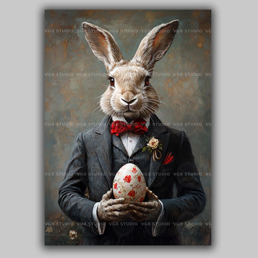 Dapper Easter Bunny in Victorian Suit With Floral Egg, Gentleman Rabbit ...