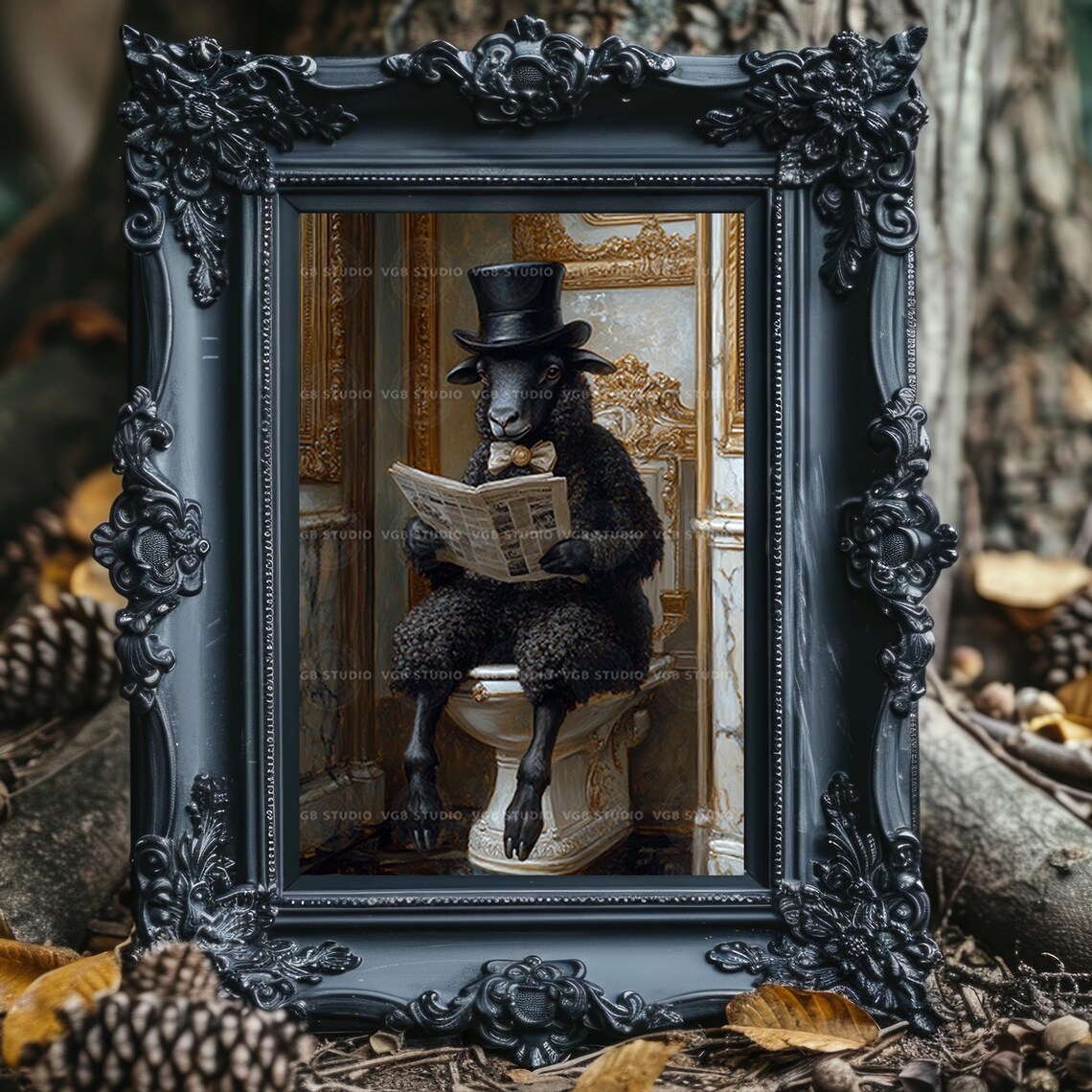 Black Sheep Gentleman Reading Newspaper on Toilet Whimsical Fine Art ...