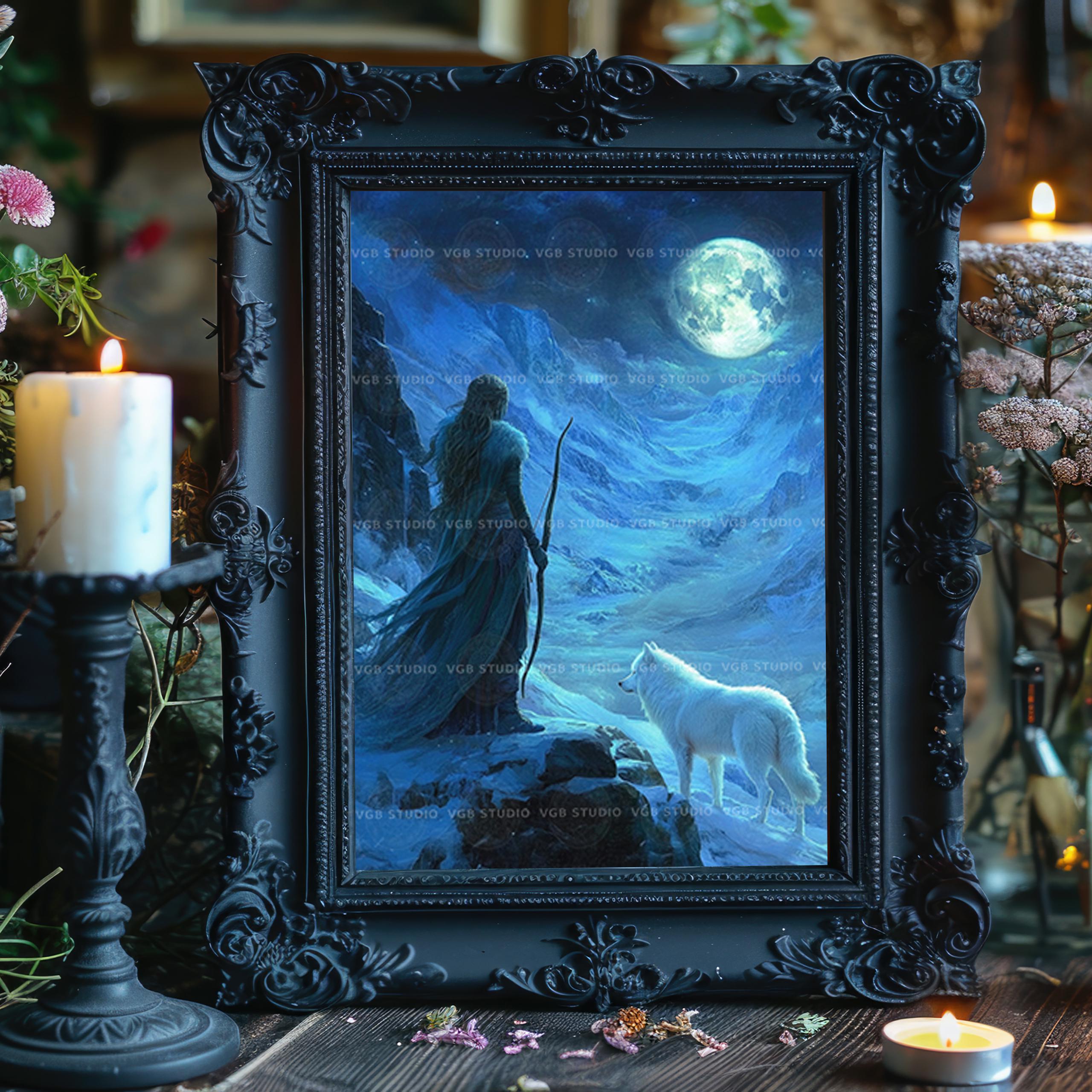 Skadi Goddess Art Print | Norse Winter Warrior With White Wolf Moon ...