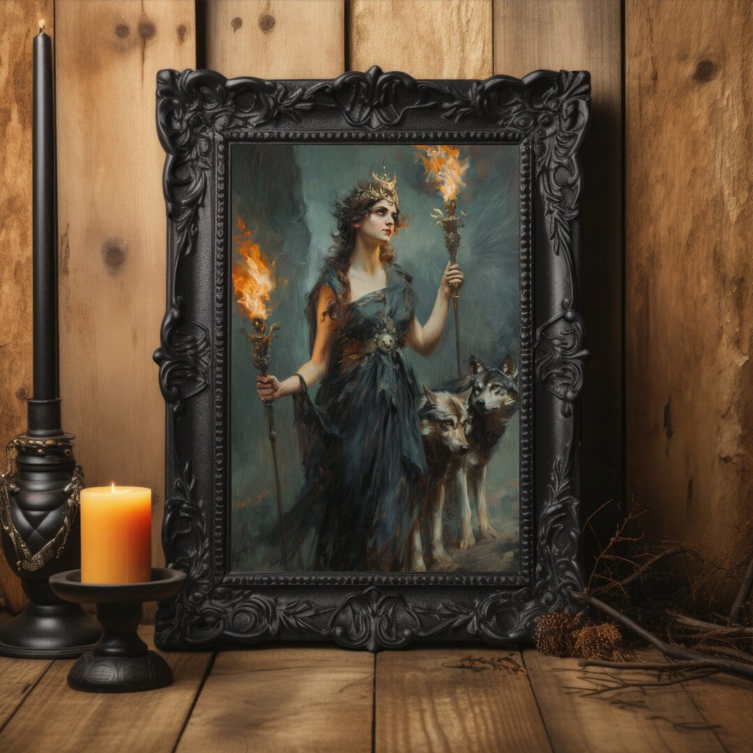 Hecate Greek Goddess Hekate Moon Crossroads Holding Torches With Wolves ...