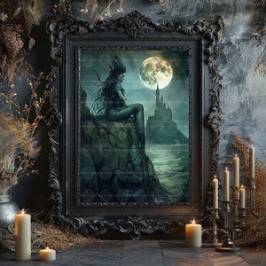 Gothic Mermaid Dark Siren Queen Full Moon Castle Baroque Painting, Goth ...
