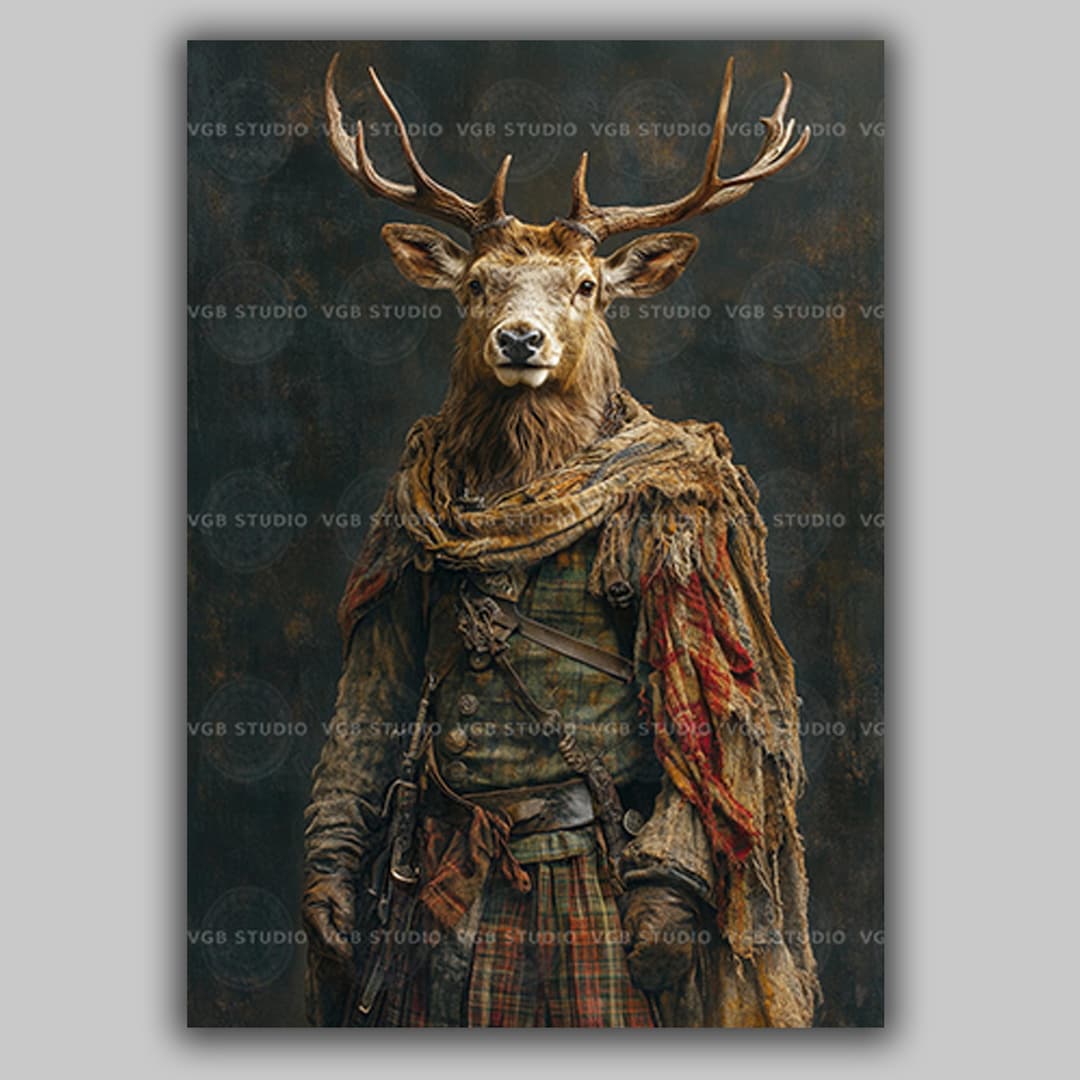 Highland Stag Warrior Portrait, Rustic Fantasy Animal Wall Art ...