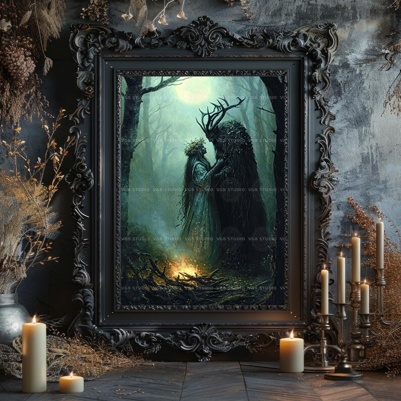 Beltane May Queen and Horned God Art Print Pagan Wheel of Year Forest ...