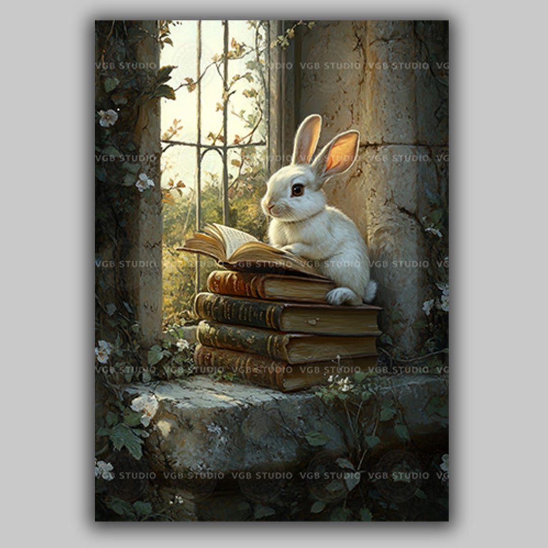 Bookish Bunny Art Print Rabbit Reading Books Cottagecore Wall Decor ...