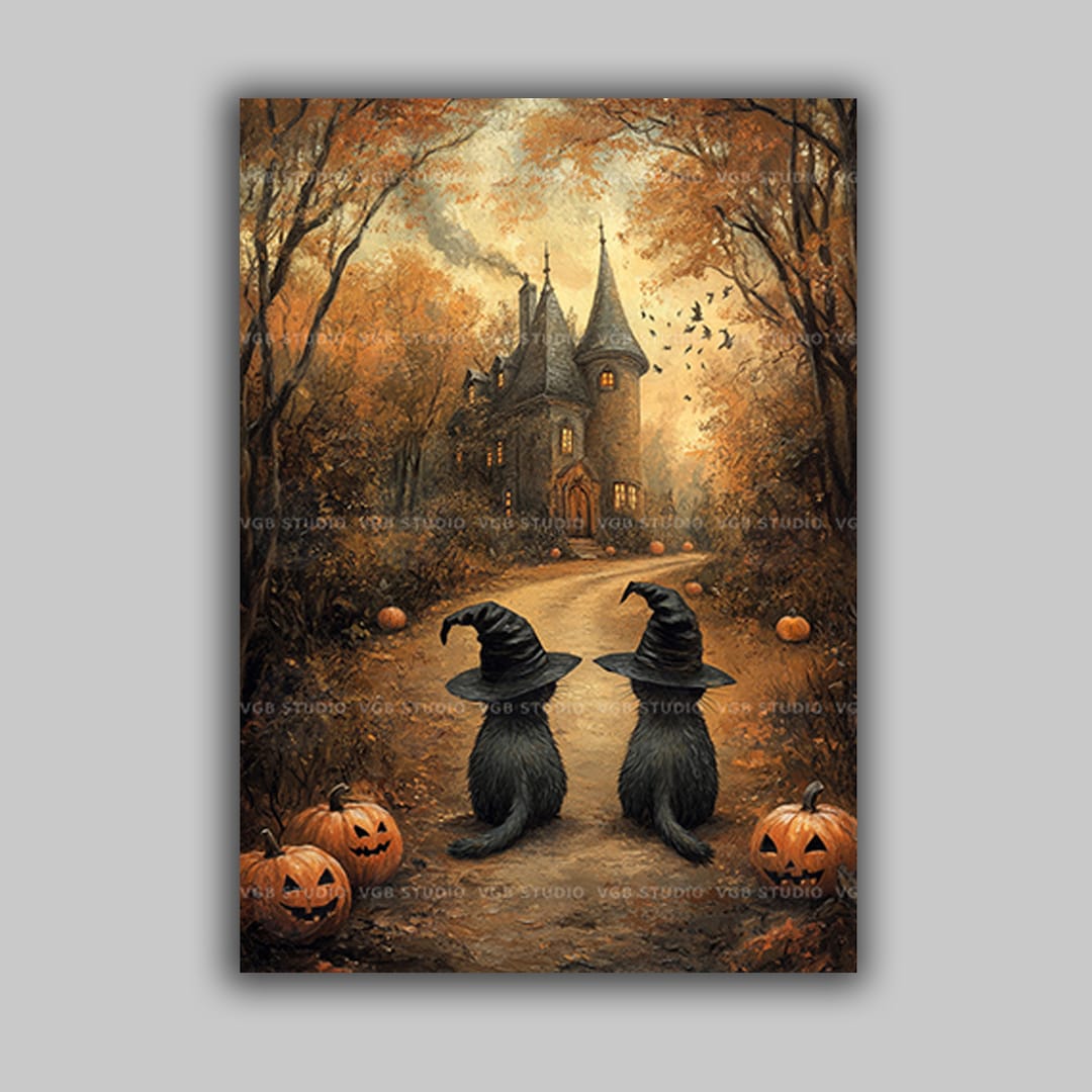 Two Witchy Cats Sitting Outside Haunted Mansion Painting Giclee Print ...