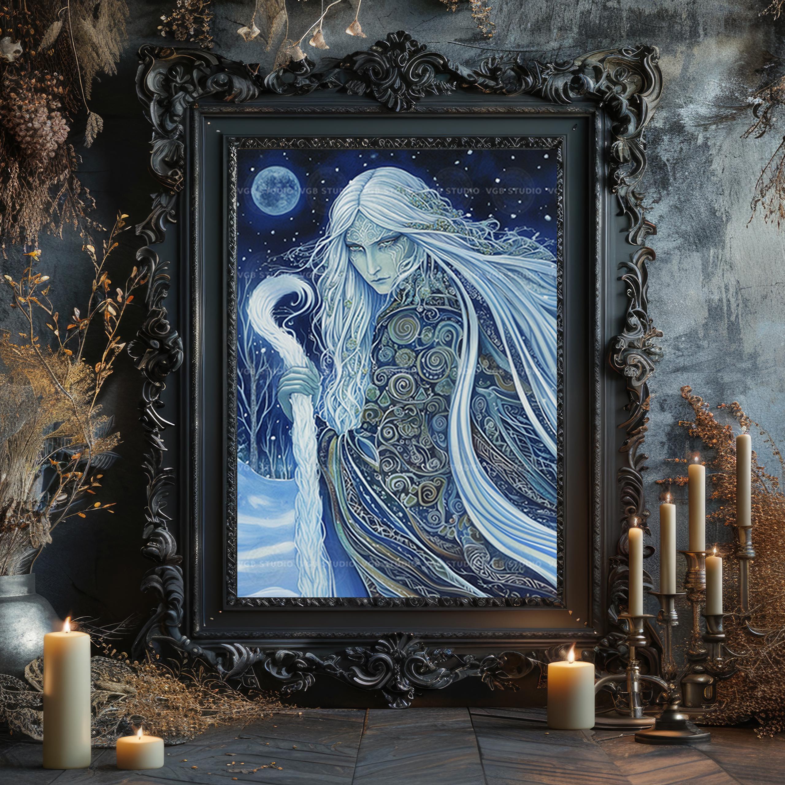 Celtic Winter Goddess Cailleach Art Print With Moonlit Staff and Snow ...