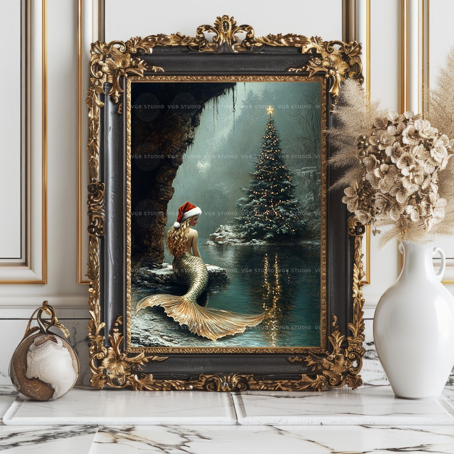 Christmas Mermaid Art Print Fantasy Holiday Wall Decor Whimsical Winter ...