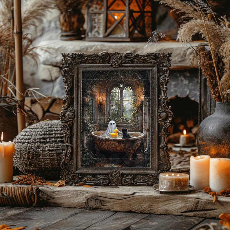 Ghost Gothic Bathtub Black Cat Rubber Duck Abandoned Castle Painting ...