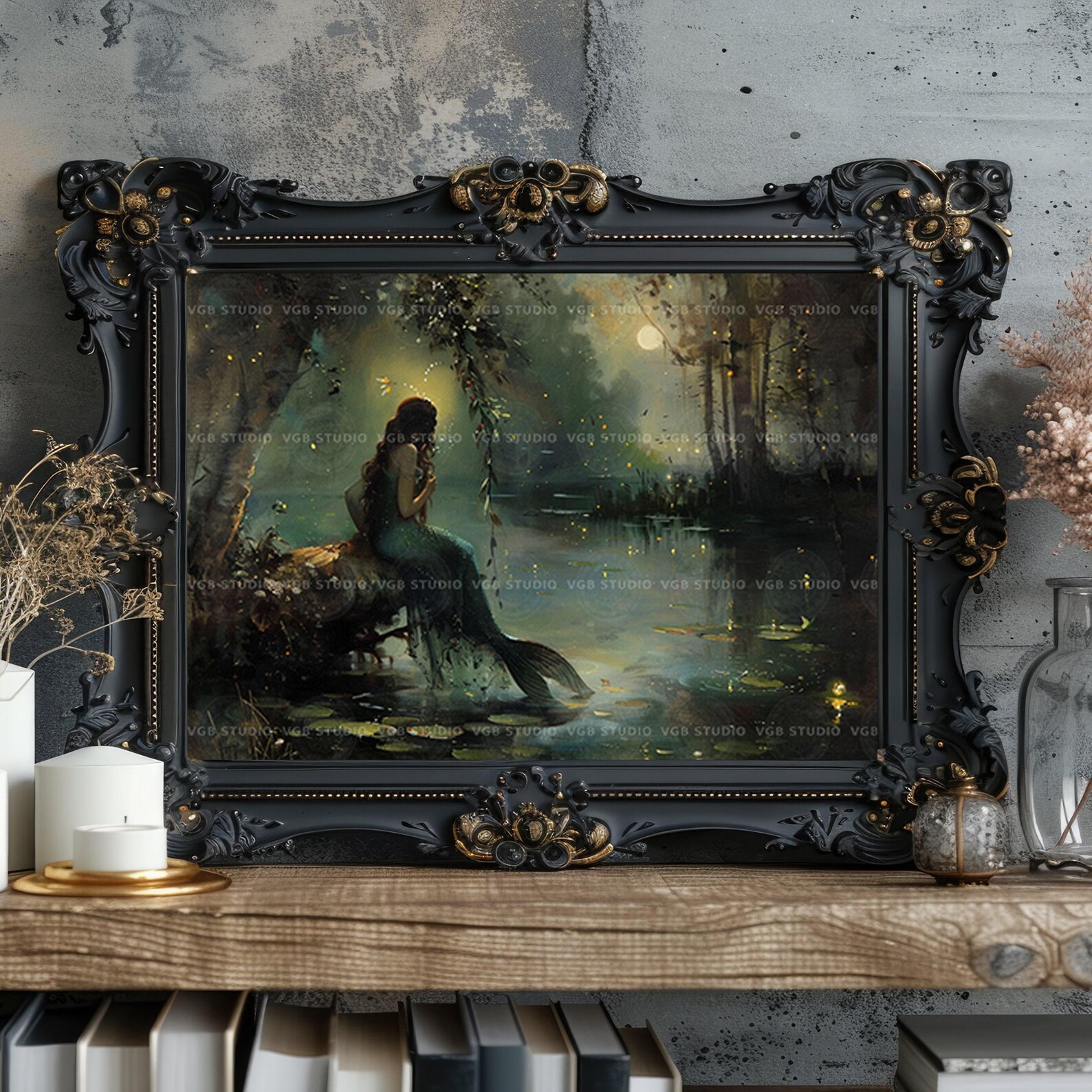 Mermaid Art Print Moonlit Forest Lake Enchanted Water Fantasy Wall ...