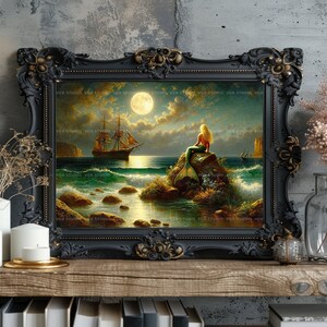 Beautiful Mermaid Contemplating Moon and Sea, Siren Whimsical Baroque ...