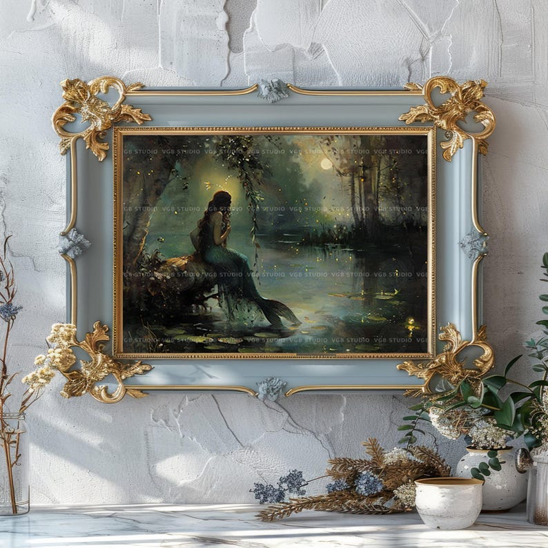 Mermaid Art Print Moonlit Forest Lake Enchanted Water Fantasy Wall ...