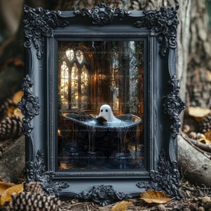 Cute Ghost Reading in Bathtub Print Gothic Bathroom Wall Art Spooky ...