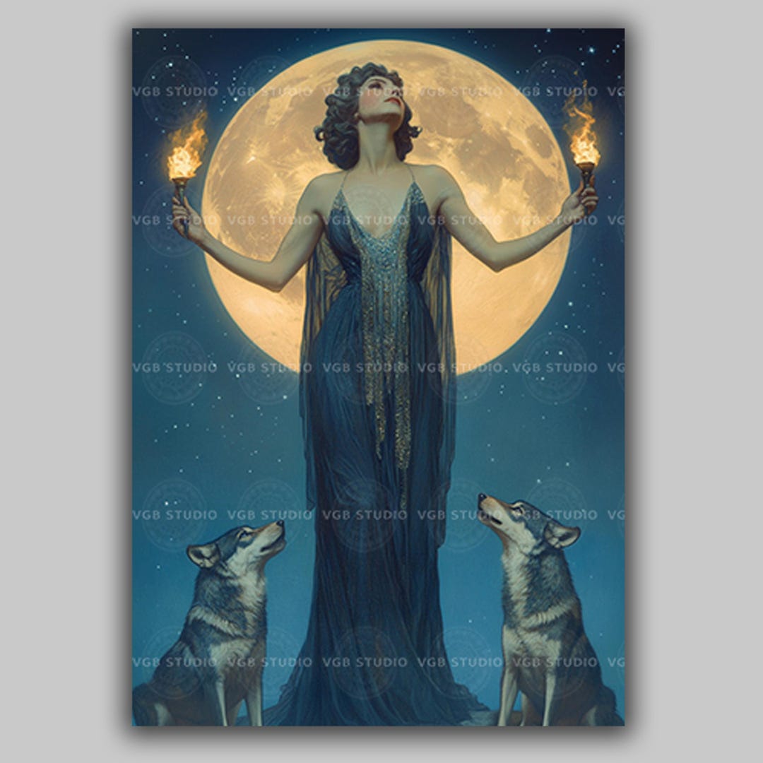 Hecate Moonlit Witchcraft Night Greek Goddess Holding Torches With ...