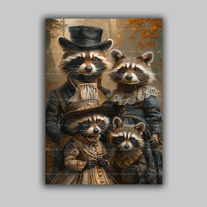 Victorian Raccoon Family Art Print Whimsical Animal Portrait Vintage ...