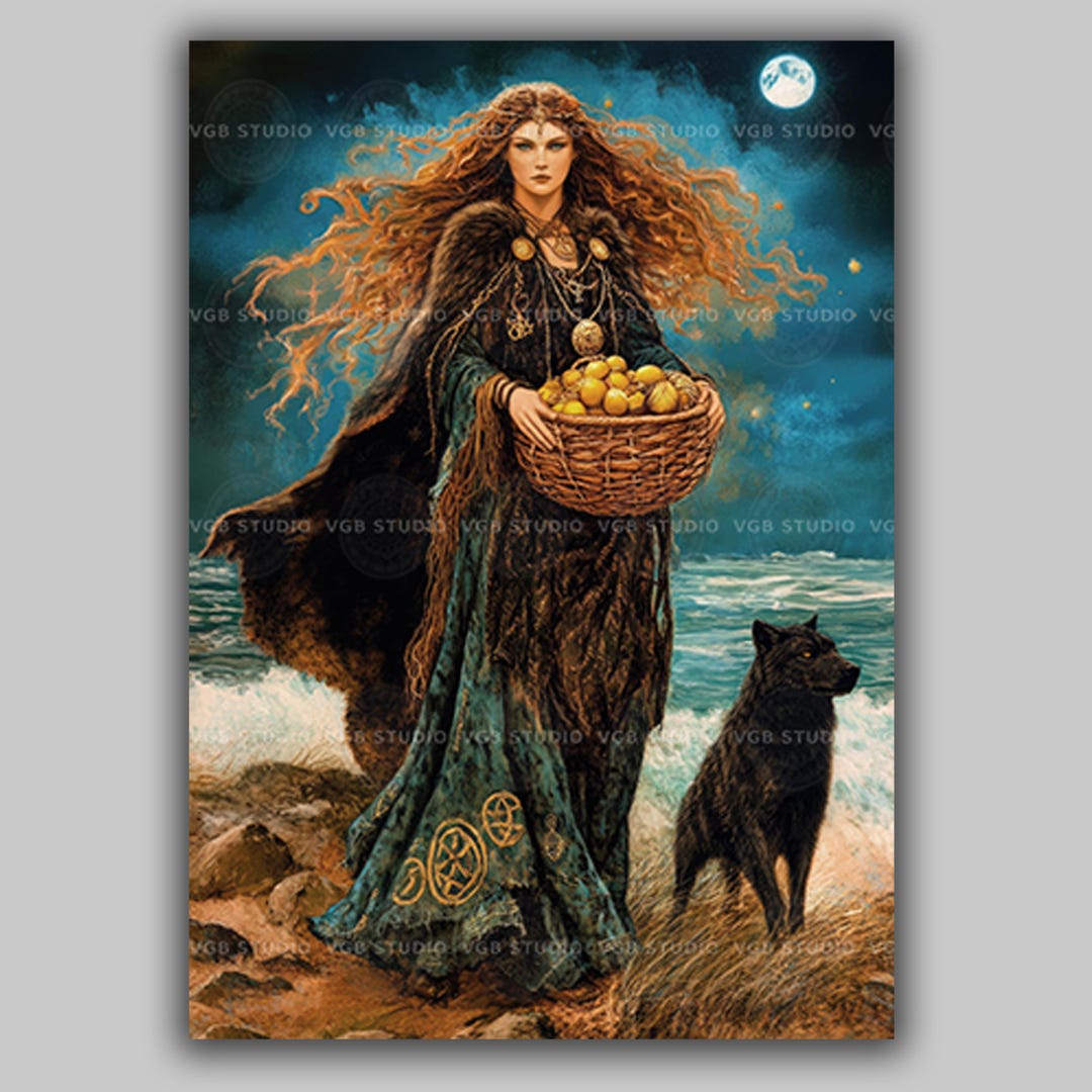 Nehalennia Fierce Sea Goddess With Apples and Wolf, Pagan Warrior ...