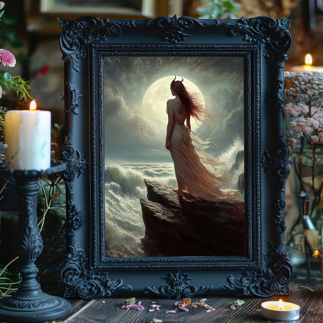Lilith Full Moon Devil Print, Demon Vintage Dark Art, Sea Ocean Occult ...