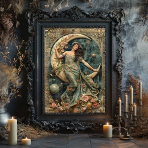 Selene Moon Greek Goddess, Art Deco Luna Baroque Painting, Celestial ...