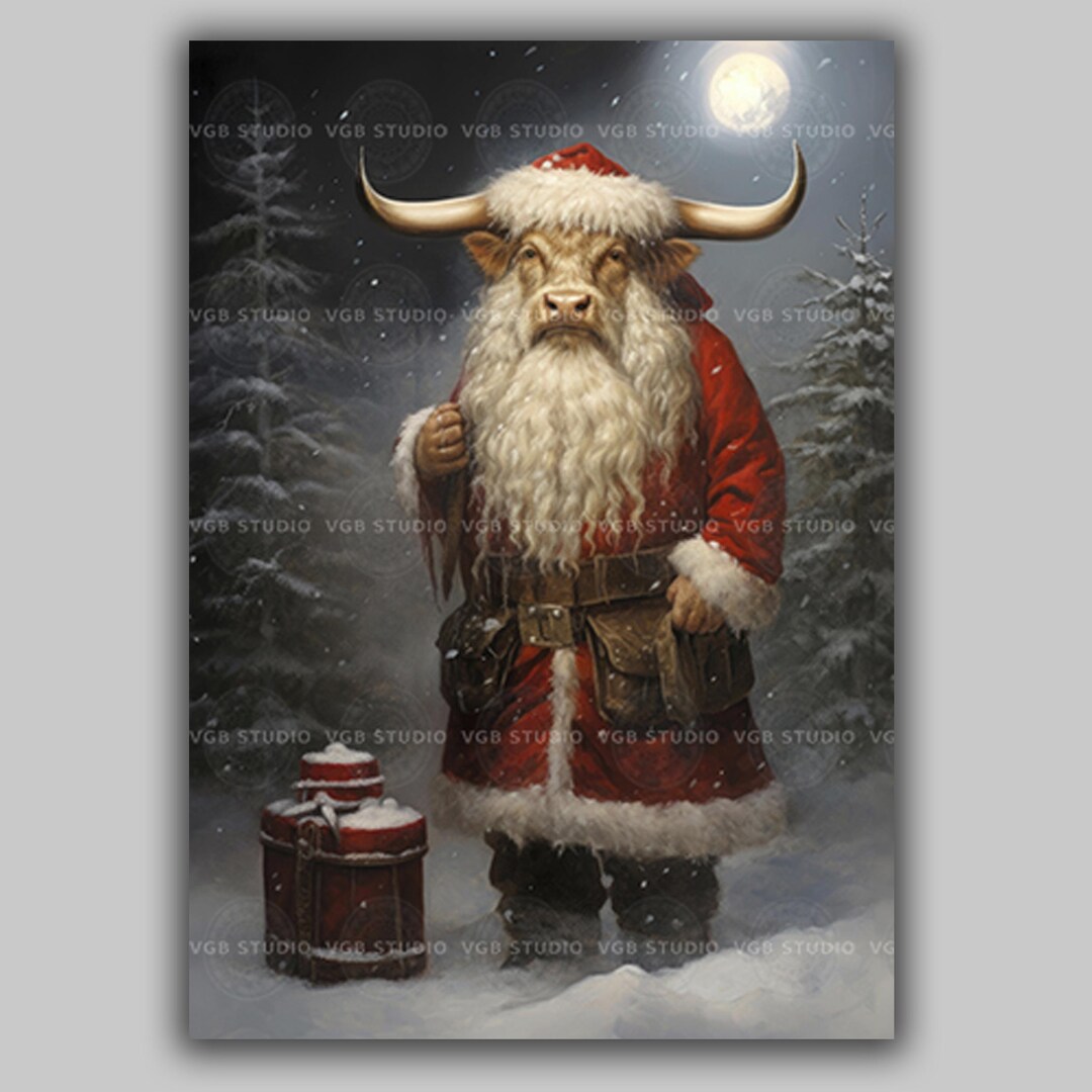 Christmas Highland Cow Art Print | Santa Claus Bull Portrait | Holiday ...