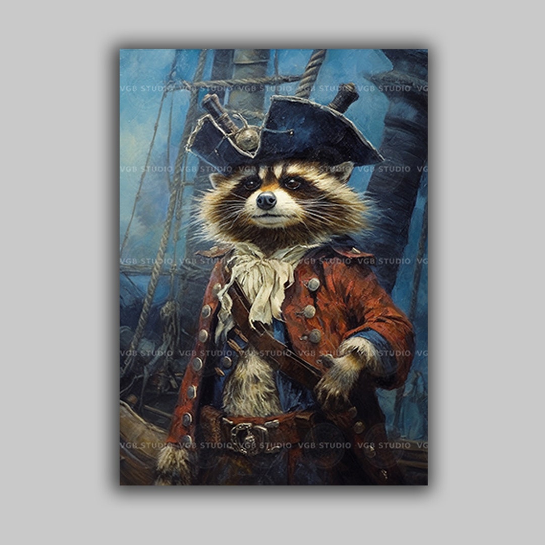 Raccoon Pirate Bucaneer Portrait, Nautical Print Art, Dressed Animal ...
