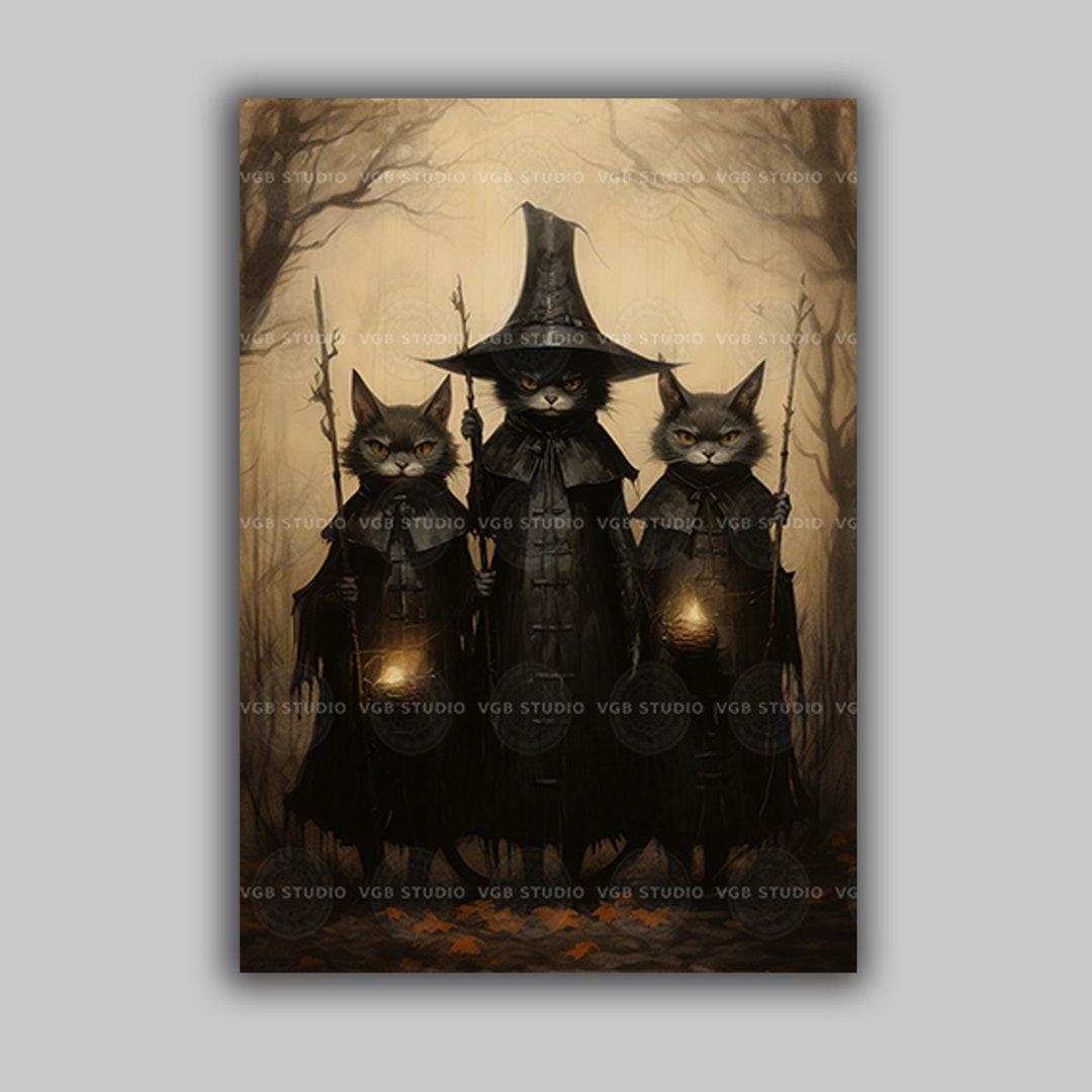 Black Cat Witch Coven Gothic Halloween Painting Baroque Poster, Art ...