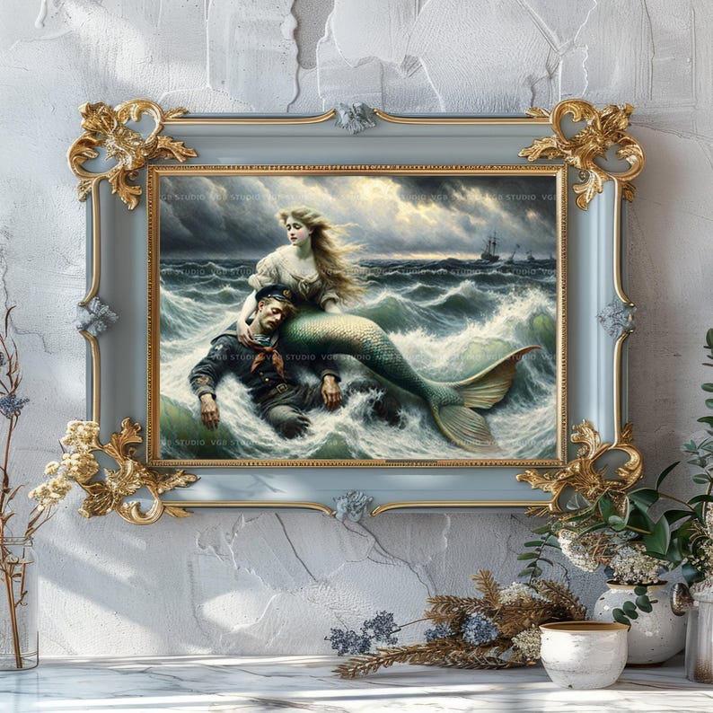 Mermaid Rescuing Sailor Art Print | Victorian Ocean Storm Wall Decor ...