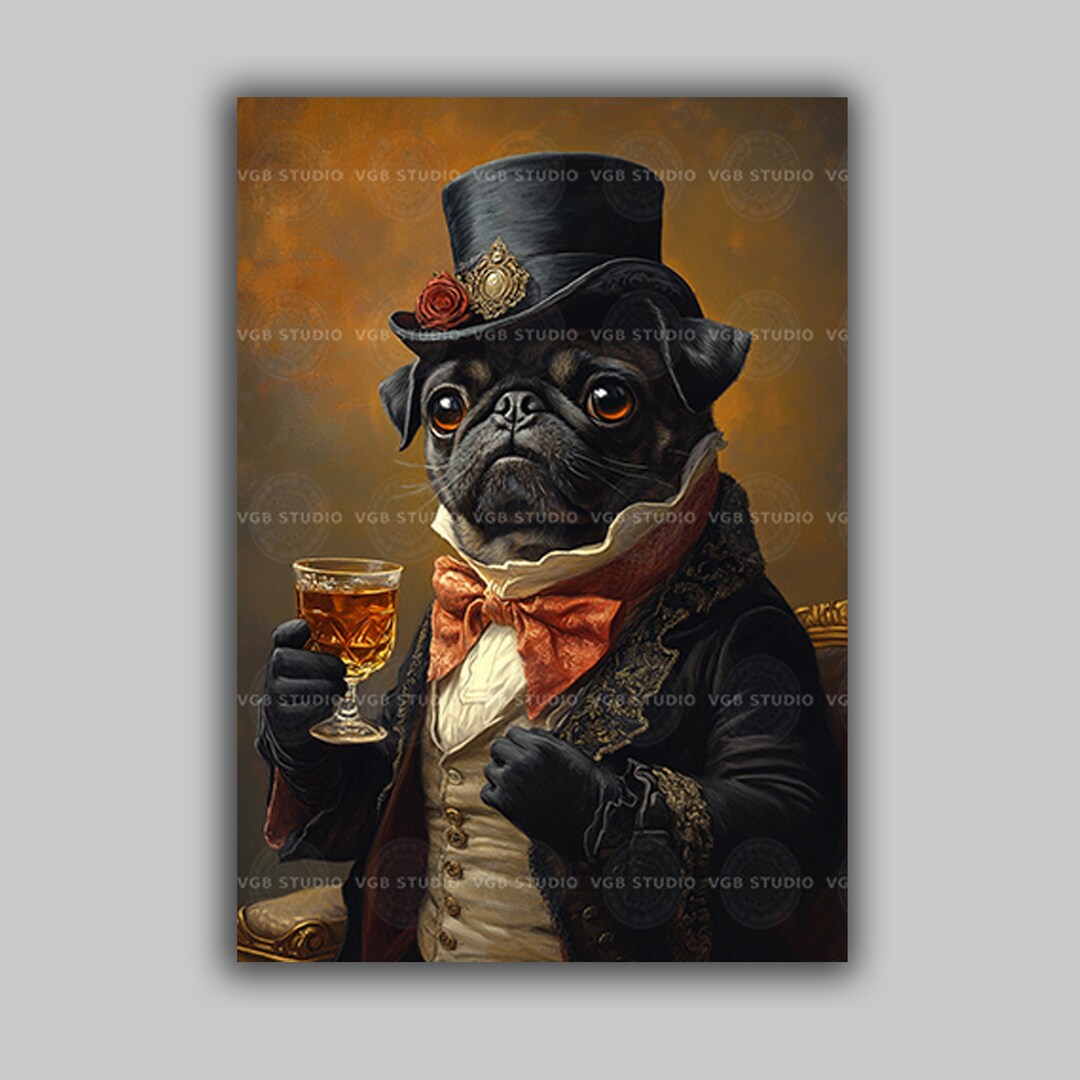 Victorian Pug Art Print Funny Dog Portrait Top Hat Animal Wall Art ...