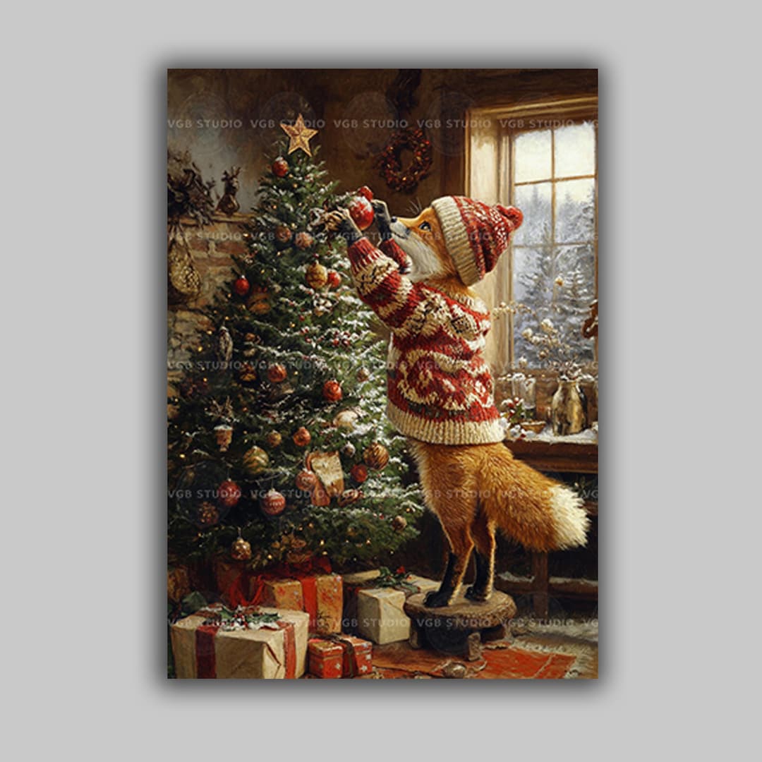 Vintage Christmas Fox Wall Art Print Woodland Animal Decorating Tree ...