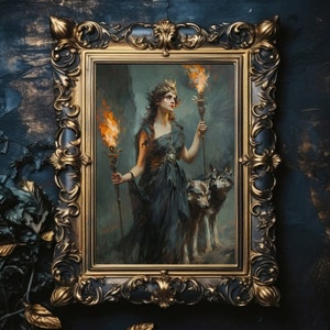 Hecate Greek Goddess Hekate Moon Crossroads Holding Torches With Wolves ...
