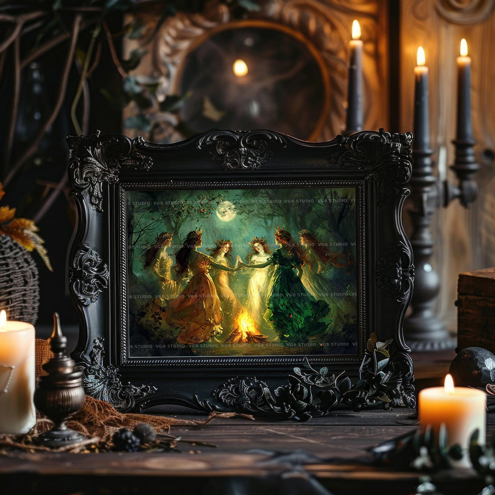Midsummer Witch Dance Art Print Moonlit Forest Ritual Bonfire Pagan ...