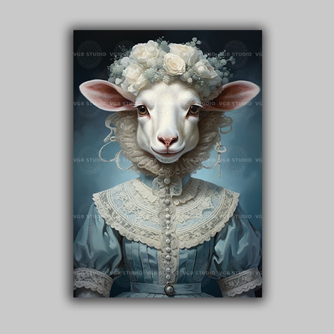 Victorian Sheep Gothic Lady Blue Dress Royalty Portrait Print, Goth ...