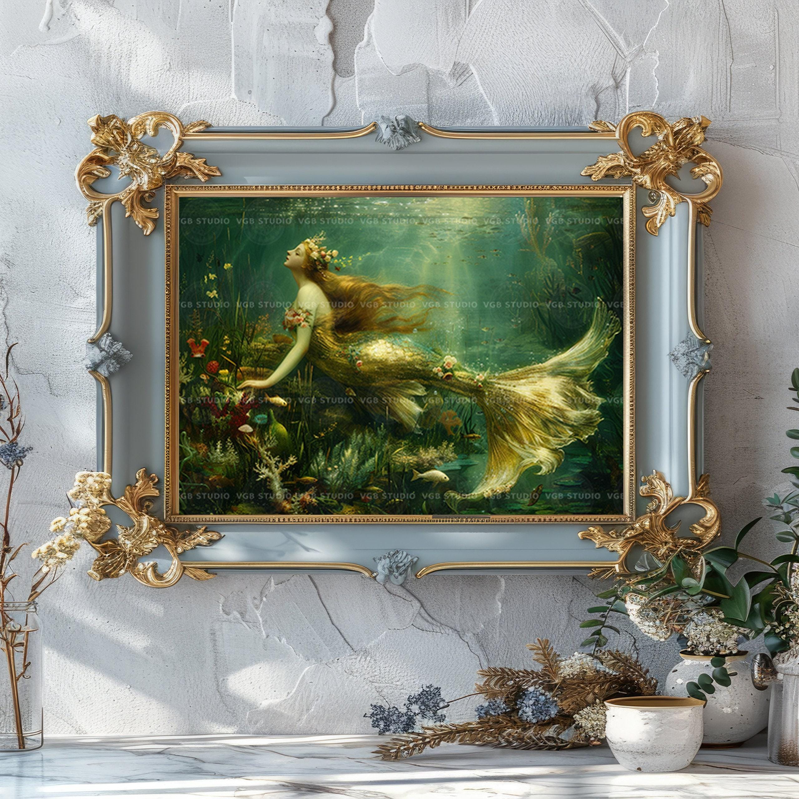 Golden Mermaid Swimming Under the Sea Coral Reef, Siren Whimsical ...