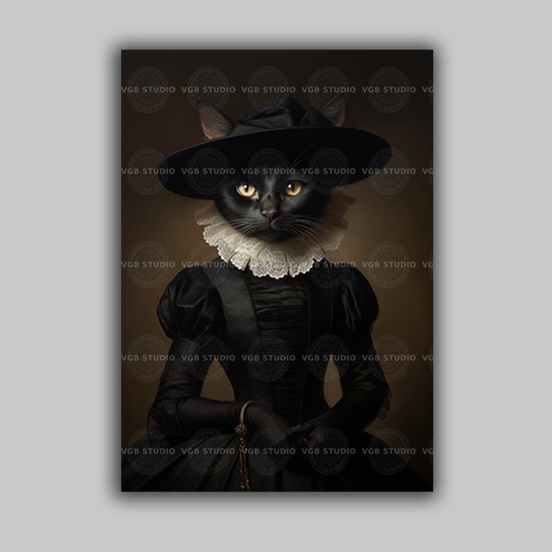 Victorian Black Cat Art Print Gothic Cat Portrait Elegant Witchy Cat ...
