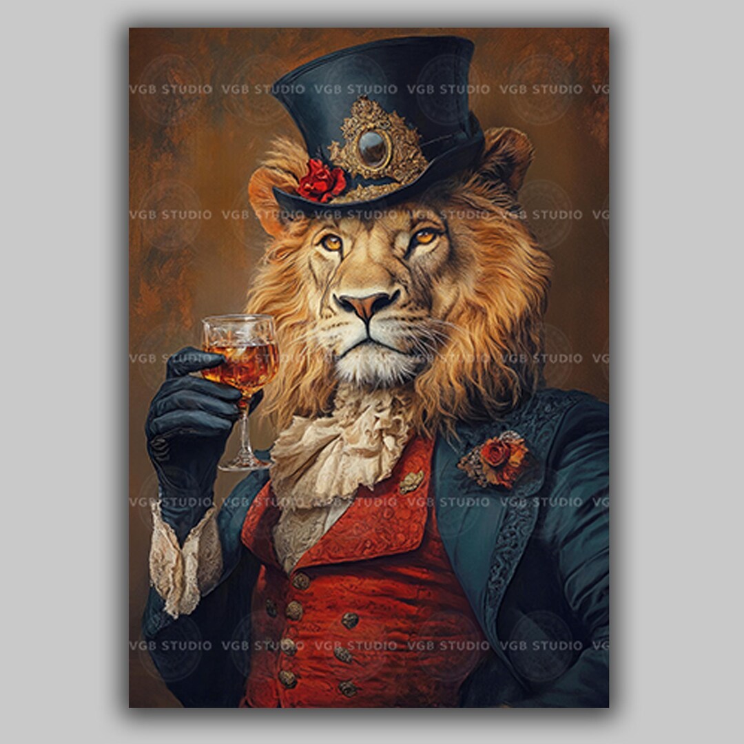 Victorian Lion Art Print Animal in Suit Gentleman Wall Decor Bar Room ...