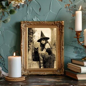 Gothic Witch With Black Cat, Sepia-toned Fine Art Print, Enchanted ...
