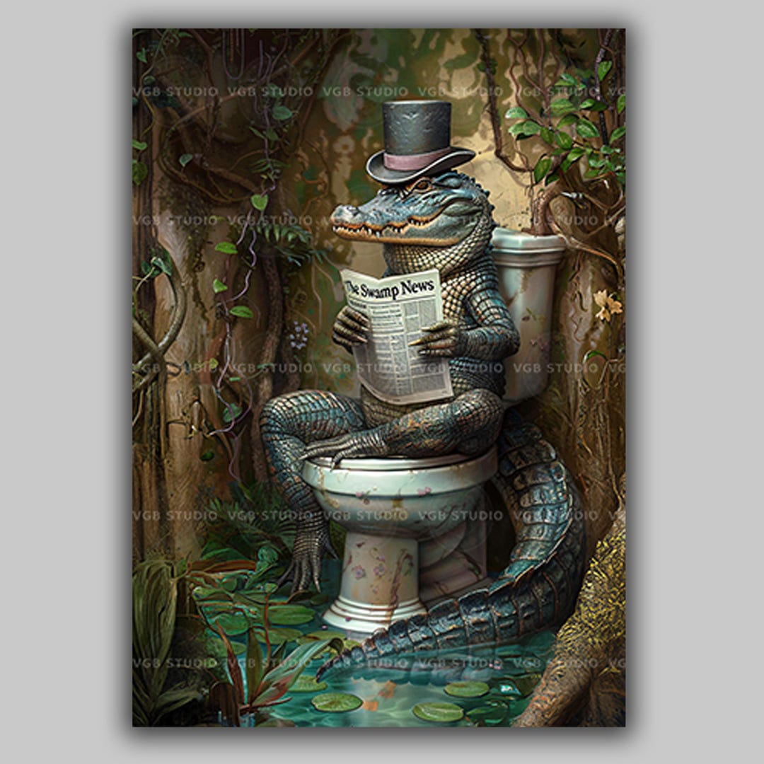 Alligator Bathroom Art Print, Whimsical Animal Wall Decor, Funny Swamp ...