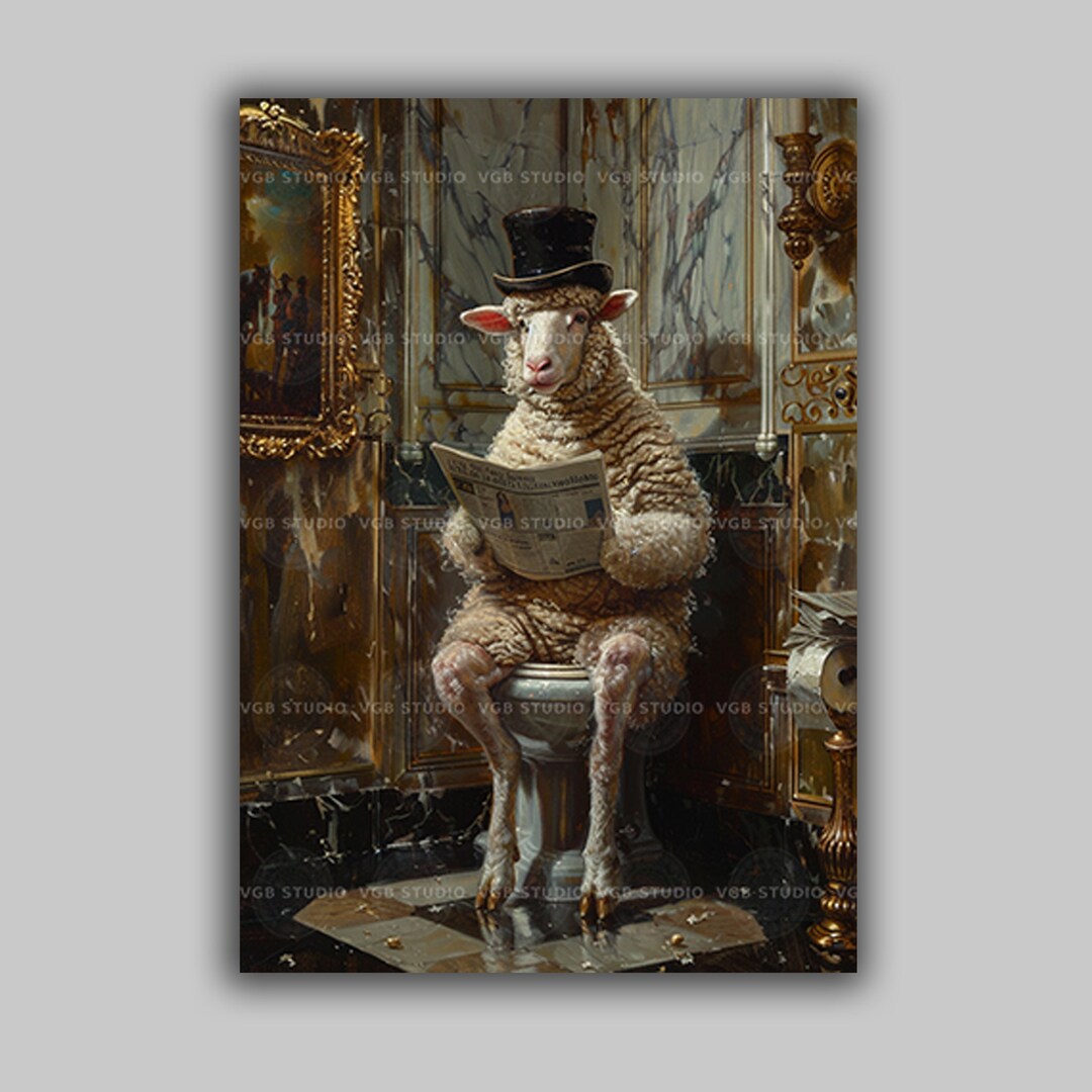 Sheep Top Hat Victorian Gentleman Reading Newspaper on Toilet, Lamb ...