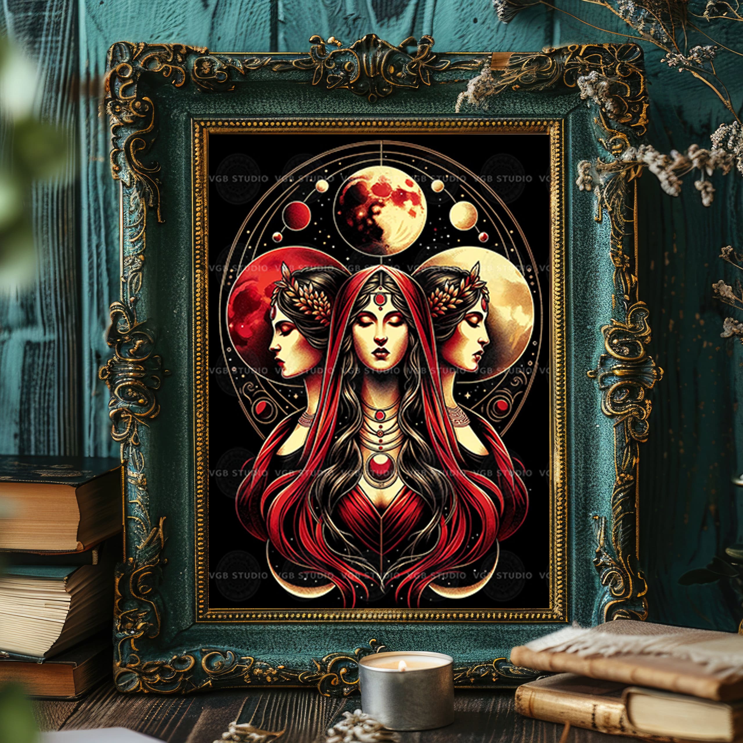 Hecate Triple Goddess Art Print | Greek Moon Deity Painting Red and ...