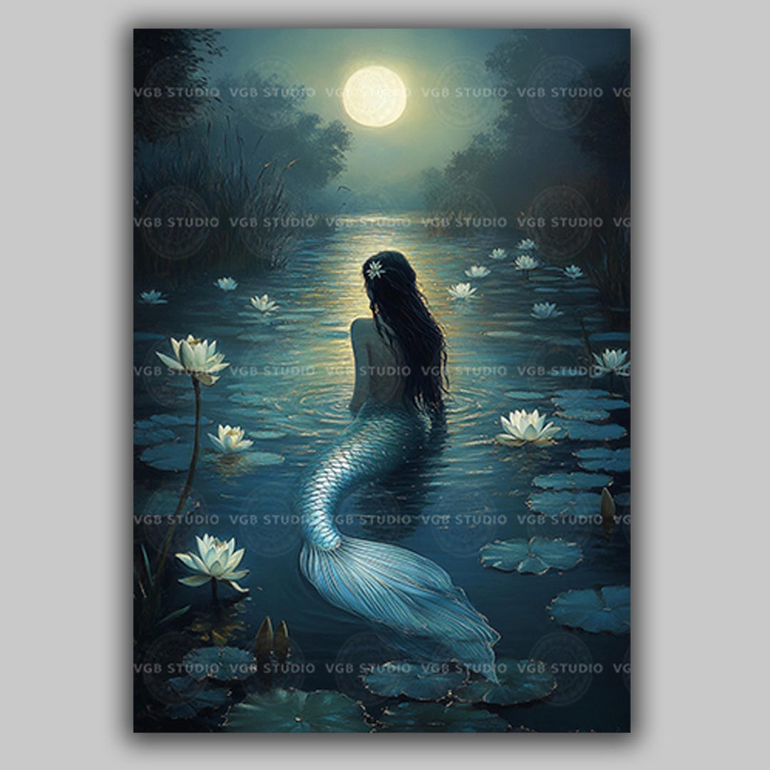 Siren in Lake, Lily Pond Lagoon Under Full Moon Night, Serene Fantasy ...