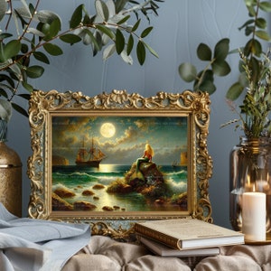 Beautiful Mermaid Contemplating Moon and Sea, Siren Whimsical Baroque ...